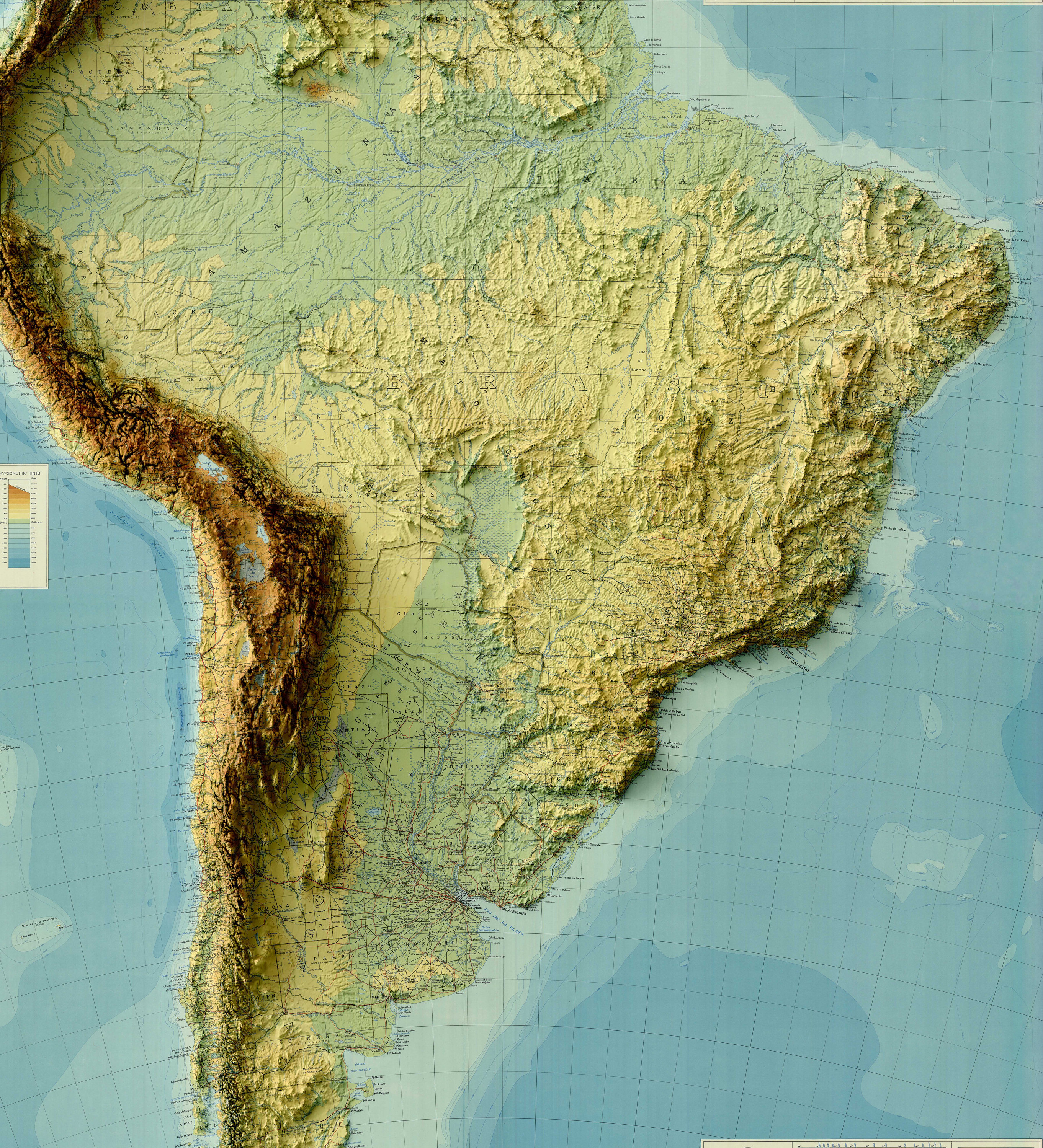 South America Map, South America 2D Relief Map, South America Vintage ...