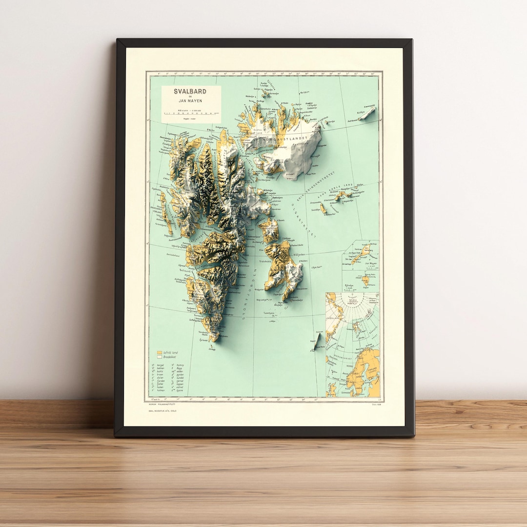Svalbard Map, Svalbard 2D Relief Map, Svalbard Vintage Poster, Svalbard ...
