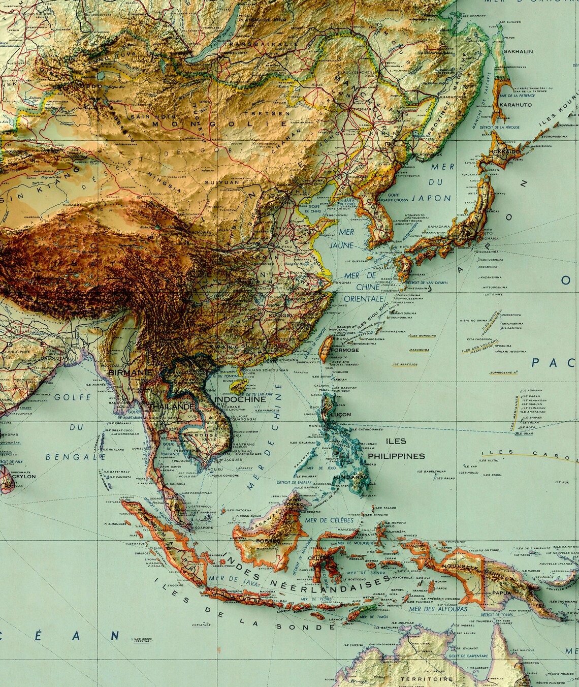 Asia Map Asia 2D Relief Map Asia Vintage Map Asia Poster - Etsy