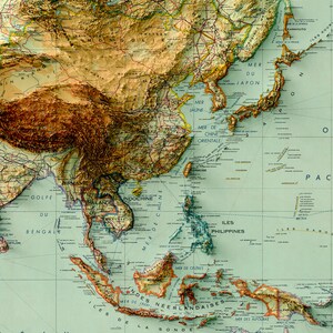 Asia Map, Asia 2D Relief Map, Asia Vintage Map, Asia Poster, Australia ...
