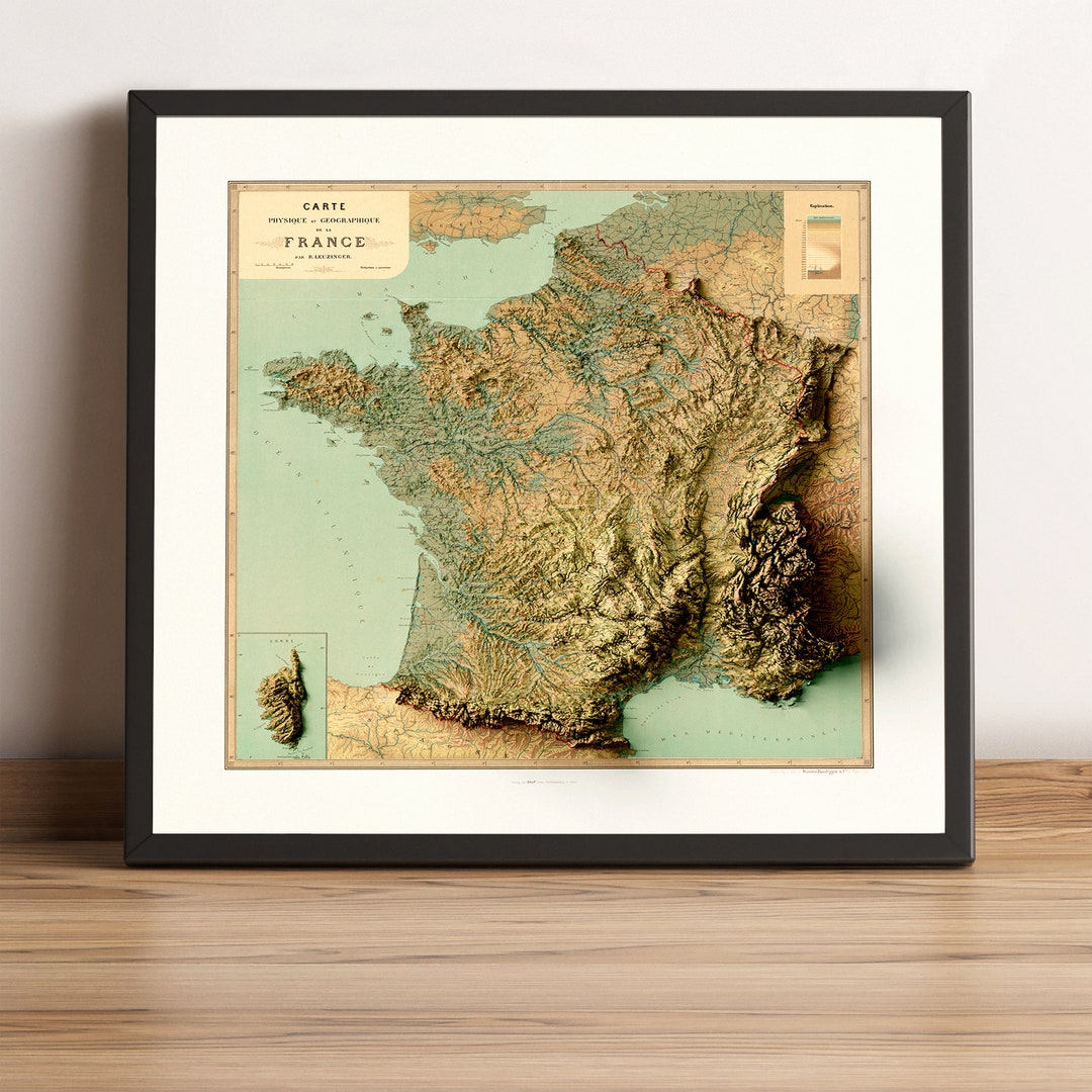 France Map, France 2D Relief Map, France Vintage Map, France Geologic ...