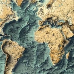 World Map, World Bathymetric 2D Relief Map, World Vintage Map, Deep ...