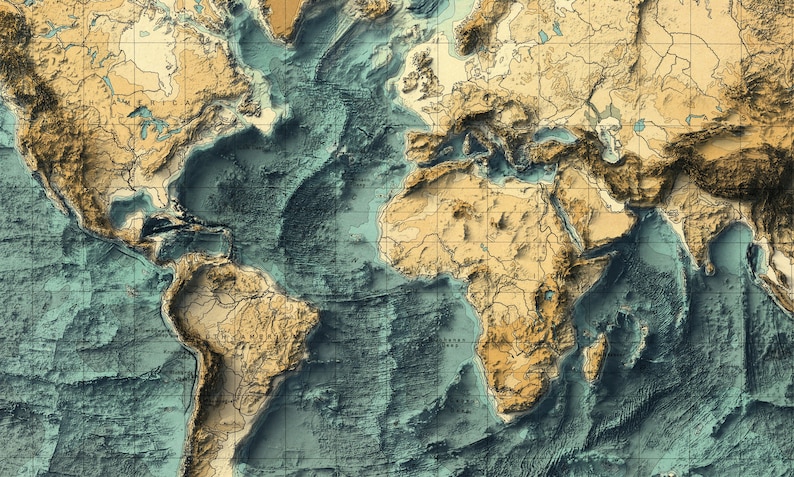 World Map, World Bathymetric 2D Relief Map, World Vintage Map, Deep ...