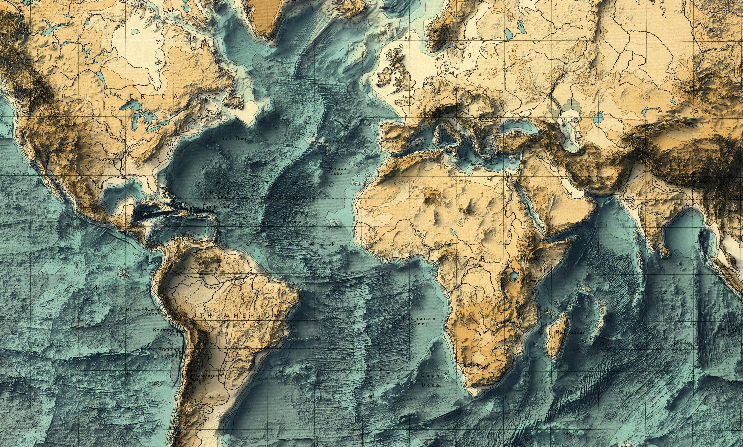 World Map, World Bathymetric 2D Relief Map, World Vintage Map, Deep ...