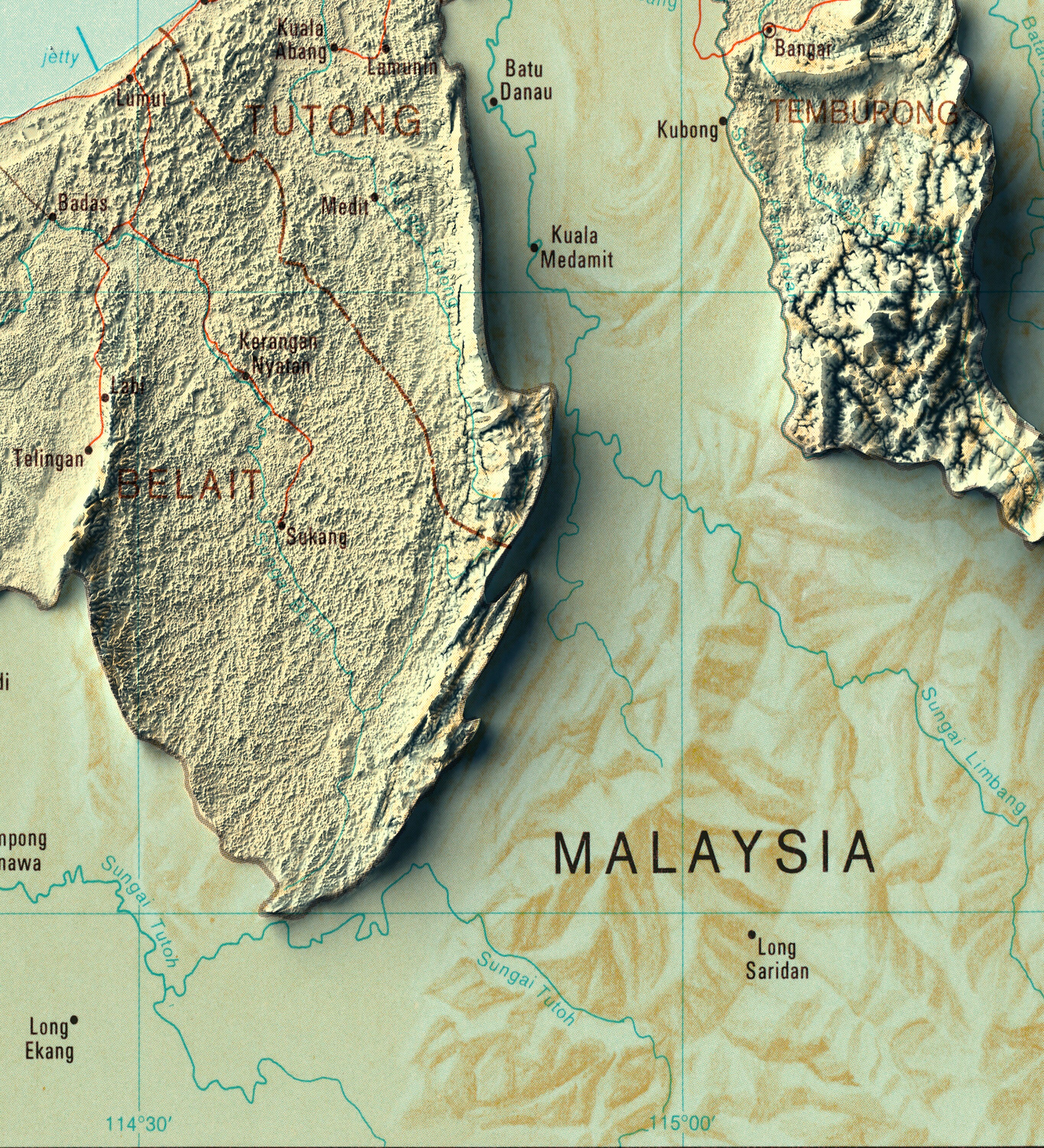 Brunei Map, Brunei 2D Relief Map, Brunei Vintage Map, Brunei Poster ...