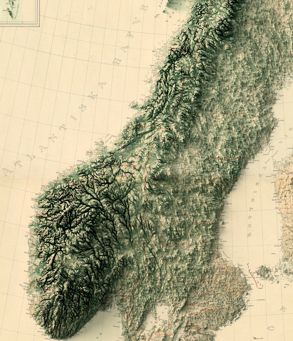 Scandinavia Map, Scandinavia 2D Relief Map, Scandinavia Vintage Print ...