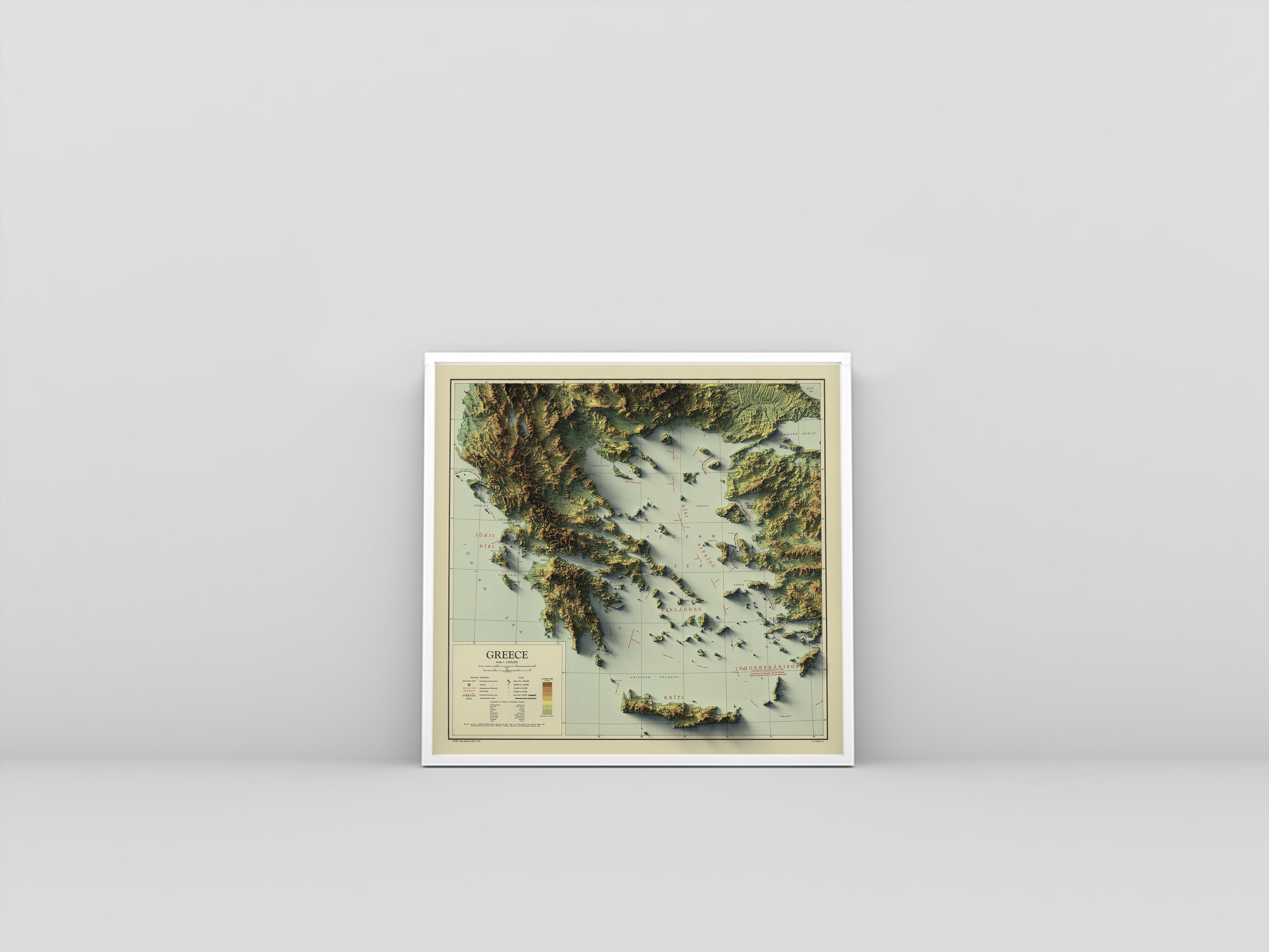 Greece Map Greece 2D Relief Map Greece Vintage Map Greece - Etsy