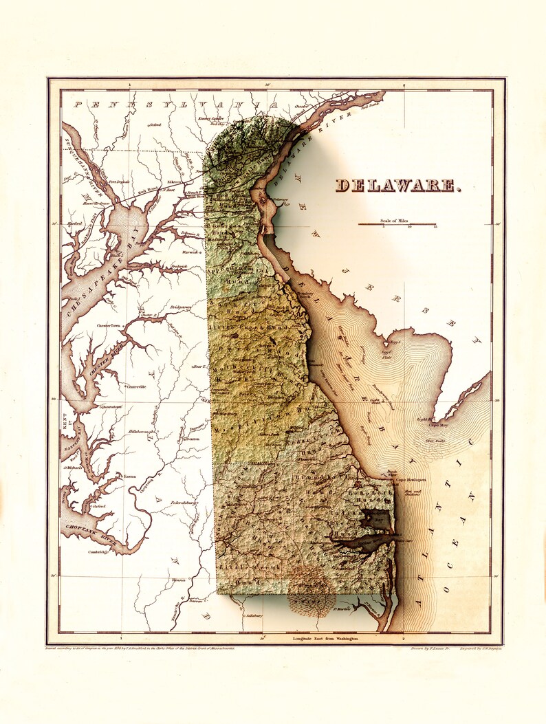 Delaware Map Delaware 2D Relief Map Delaware Vintage Map - Etsy
