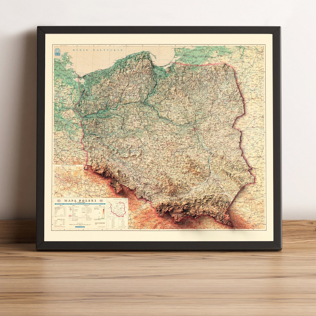 Poland Map, Poland 2D Relief Map, Poland Vintage Map, Poland Print ...