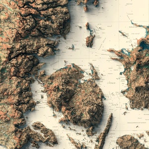 Denmark Map, Denmark 2D Relief Map, Denmark Vintage Map, Danmark Poster ...