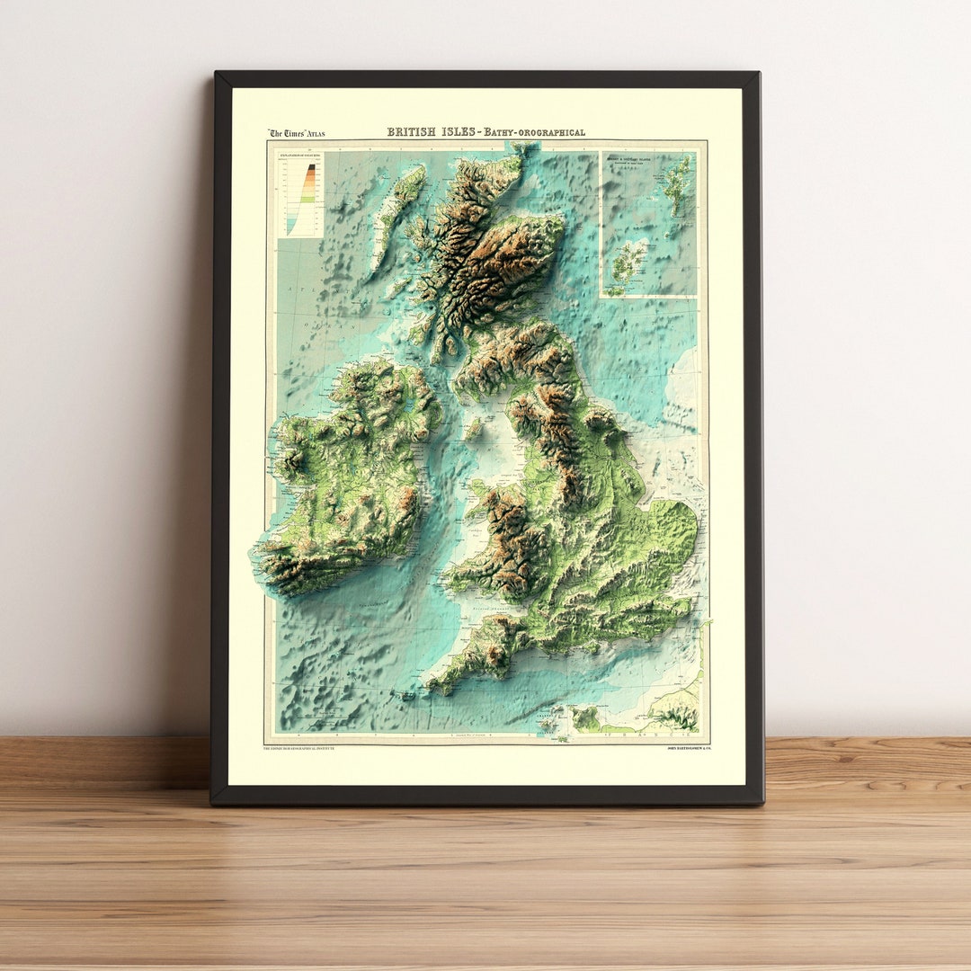 British and Irish Isles Bathymetrical Relief Map, England Vintage 2D ...