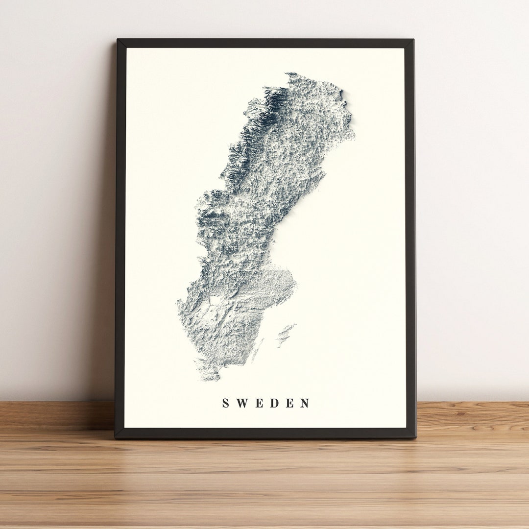Sweden Map, Sweden 2D Relief Map, Sweden Minimalist Map, Sweden Wall ...