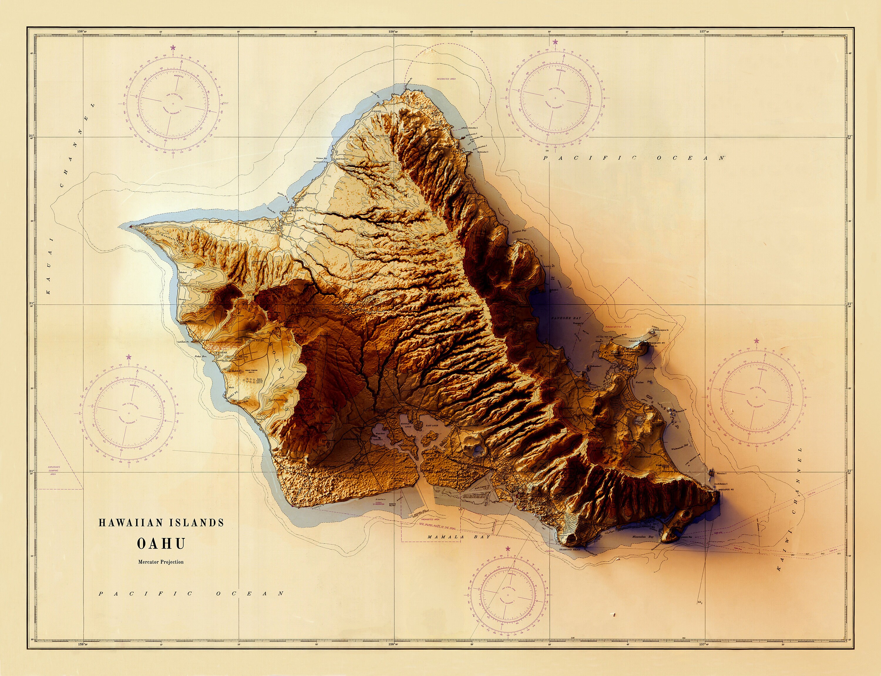 Oahu Island Map sunset Version Hawaii 2D Relief Map Oahu - Etsy