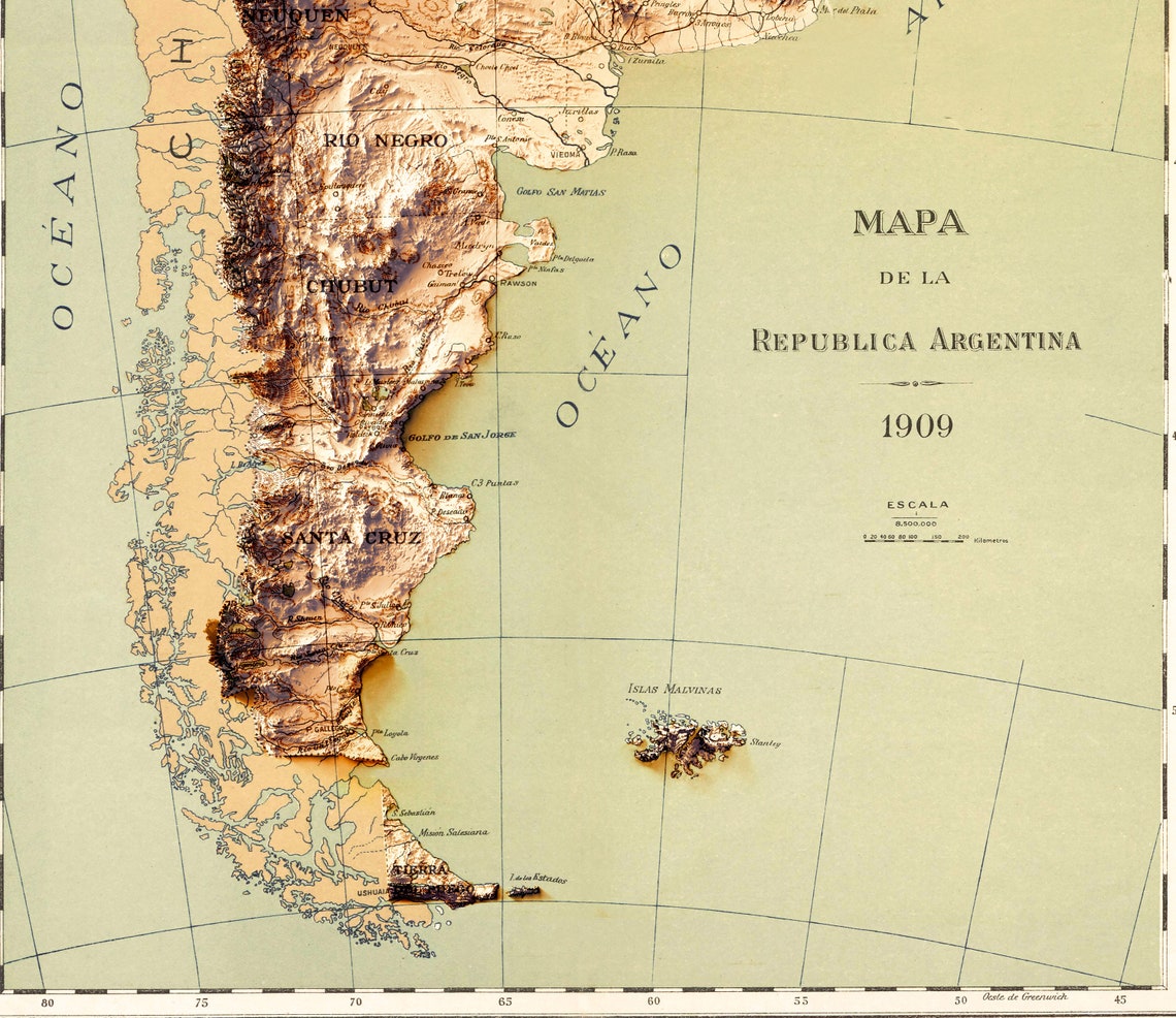 Argentina Map, Argentina 2D Relief Map, Argentina Vintage Map ...