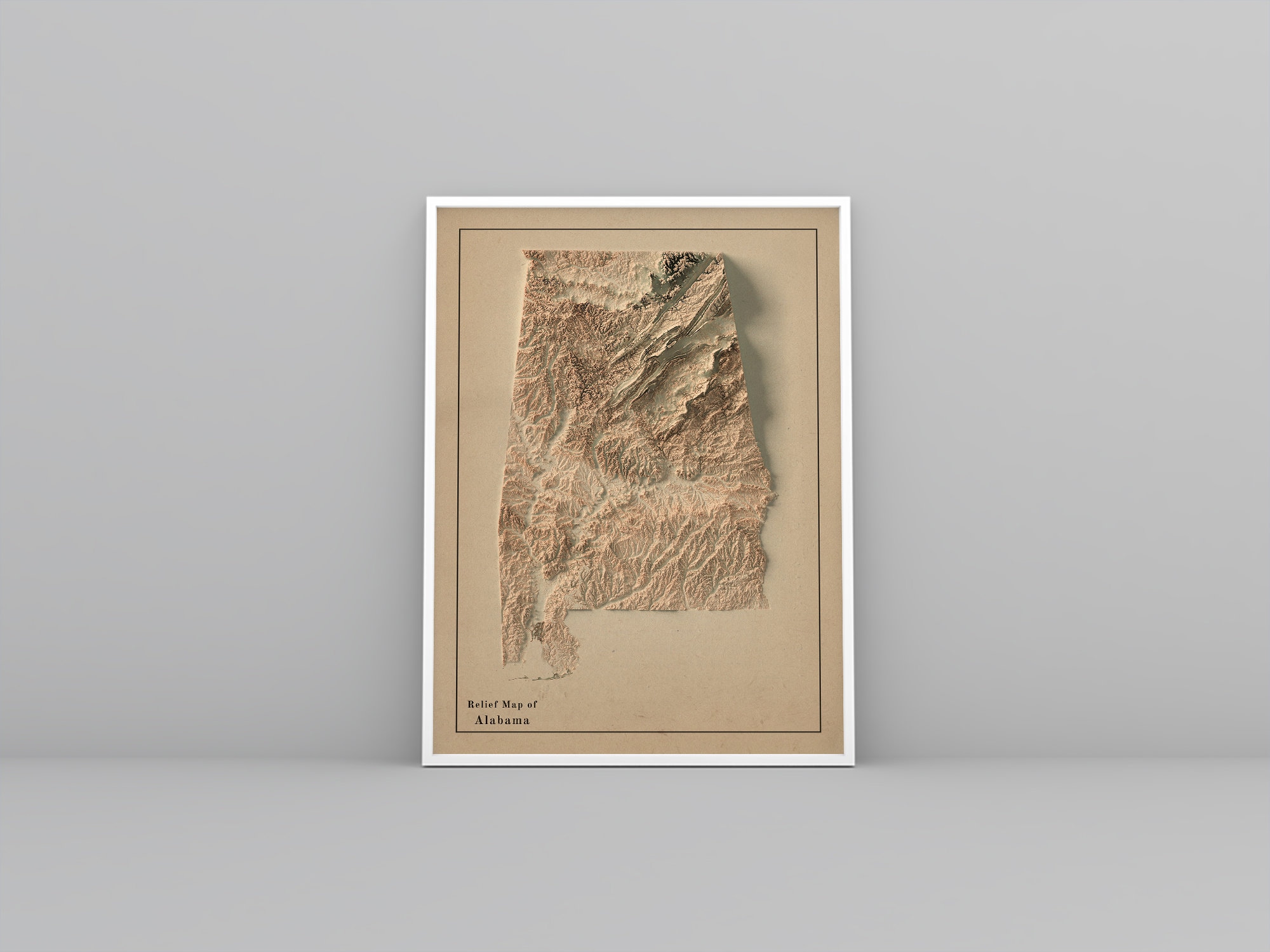 Alabama Map, Alabama 2D Relief Map, Alabama Minimalist Map, Alabama ...