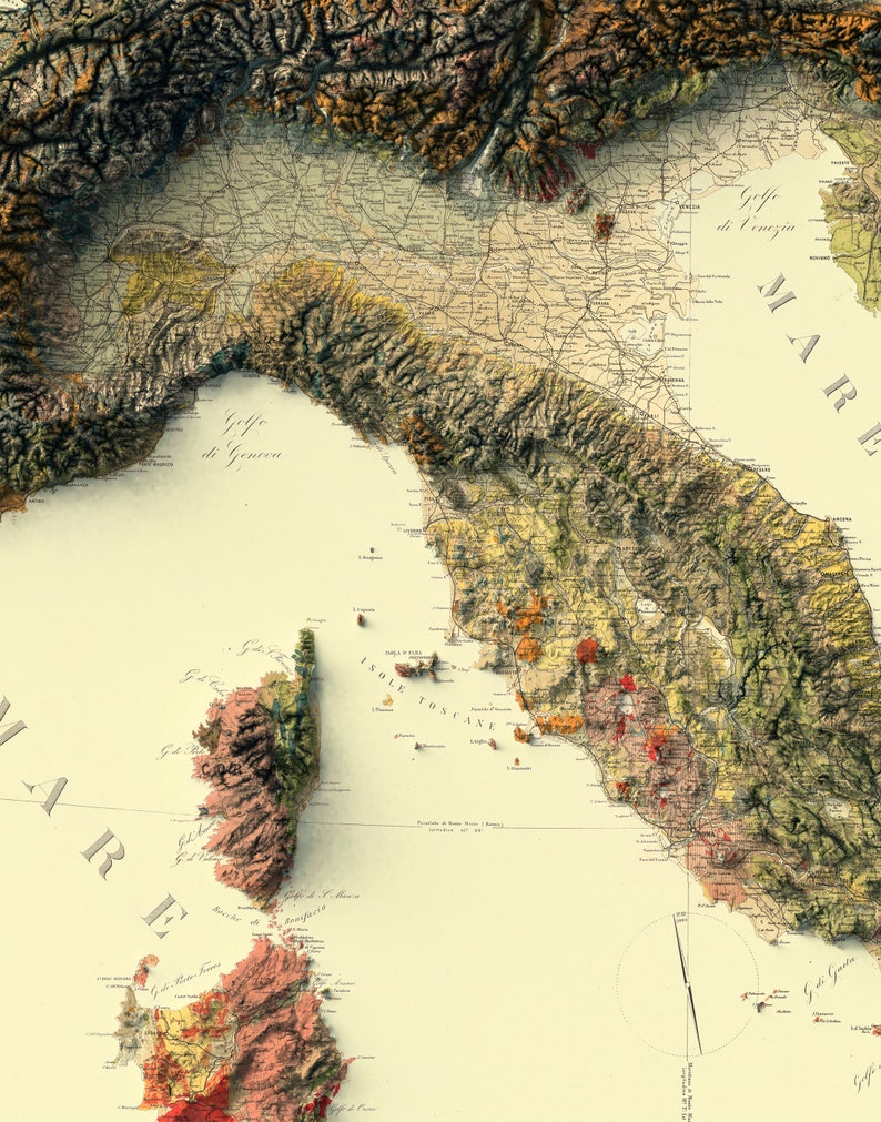 Italy Map, Italy 2D Relief Map, Italy Geological Map, Italy Vintage Map ...