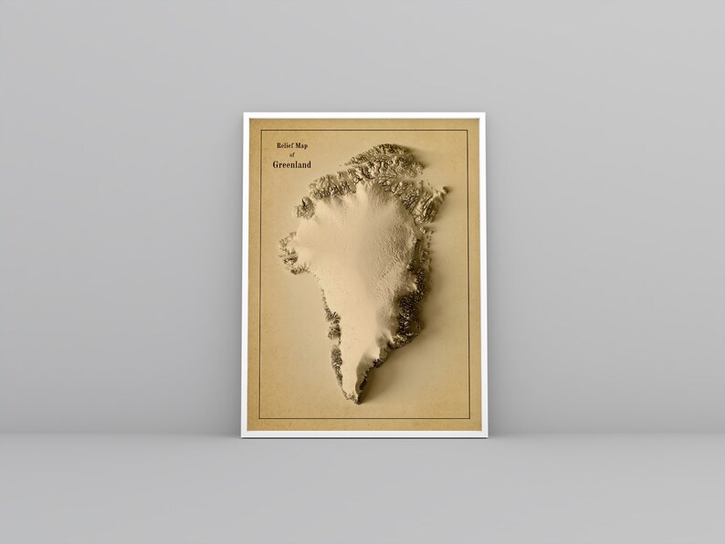 Greenland Map, Greenland 2D Relief Map, Denmark Map, Greenland Print ...
