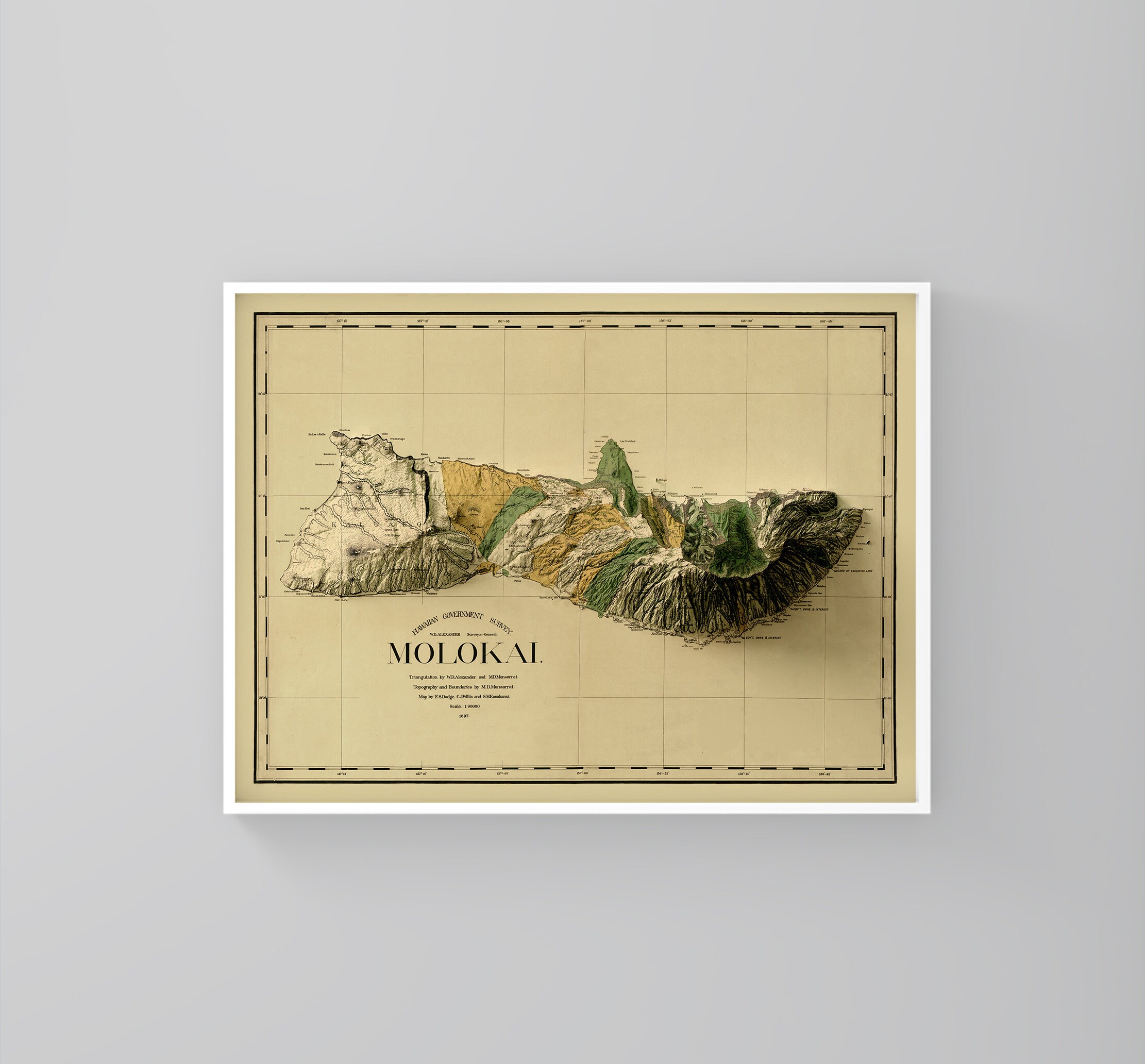 Molokai Map, Molokai 2D Relief Map, Molokai Vintage Map, Hawaiian ...