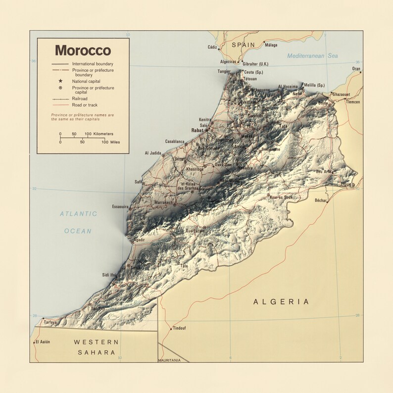 Morocco Map Morocco 2D Relief Map Morocco Vintage Map - Etsy