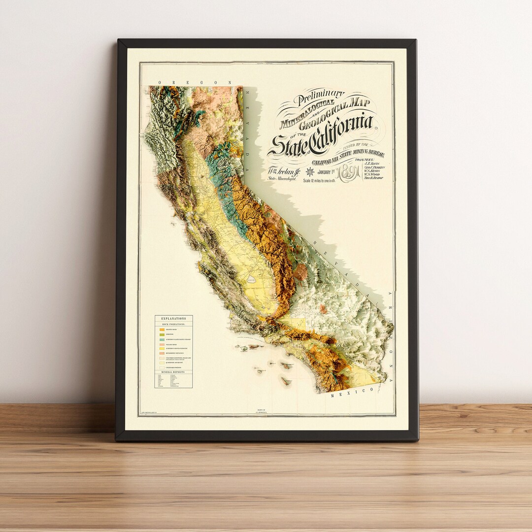 California Map, California 2D Relief Map, California Wall Art Poster ...