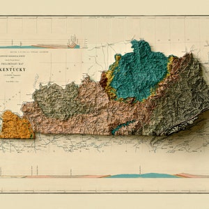 Kentucky Map, Kentucky 2D Relief Map, Kentucky Vintage Map, Kentucky ...