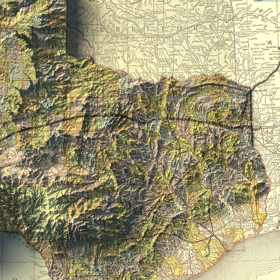Texas Map, Texas 2D Relief Map, Texas Old Map, Texas Vintage Map, Texas ...