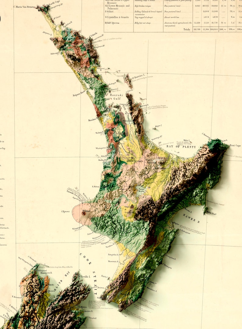 Mapa de Nueva Zelanda Mapa de relieve 2D de Nueva Zelanda - Etsy España