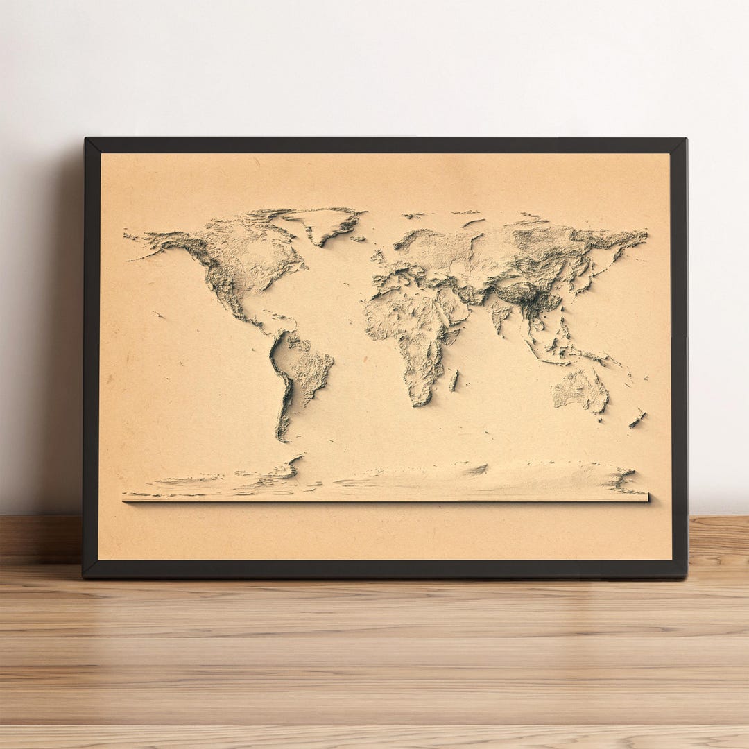 World Map in Old Style, World 2D Relief Map, Globe Wall Decor, World Map Gift, Elevation World ...