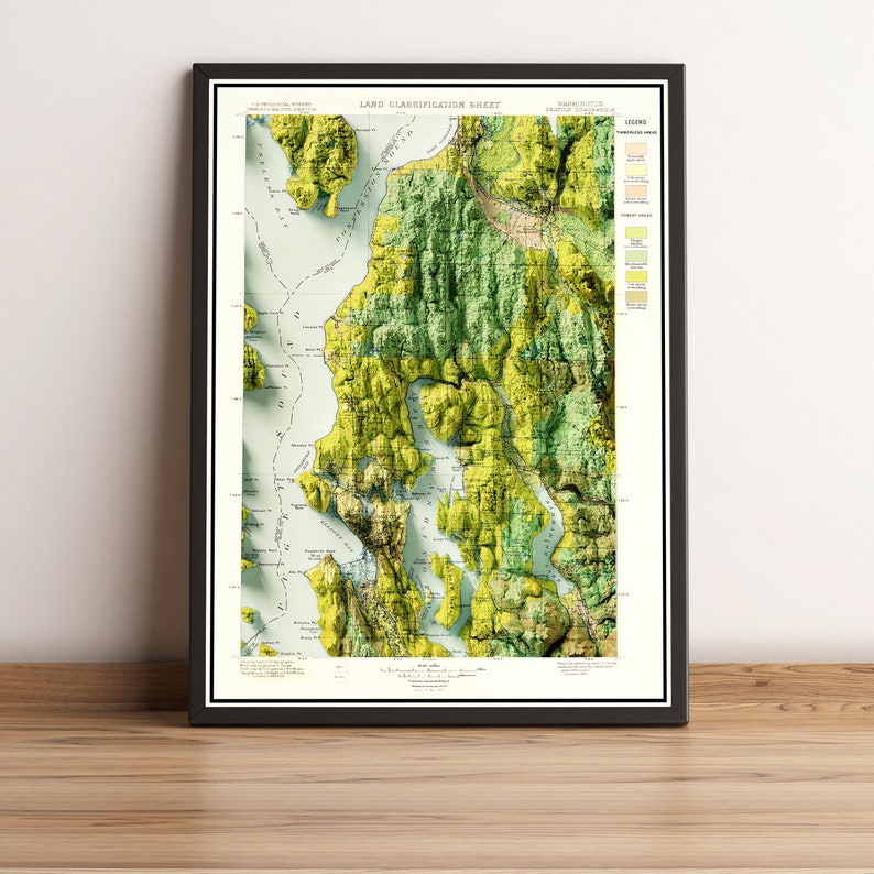 Seattle Map Seattle 2D Relief Map Seattle Historical Map - Etsy