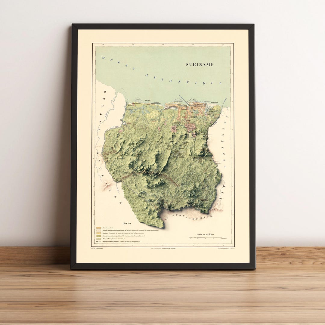 Suriname Map, Suriname 2D Relief Map, Suriname Vintage Map, Suriname ...