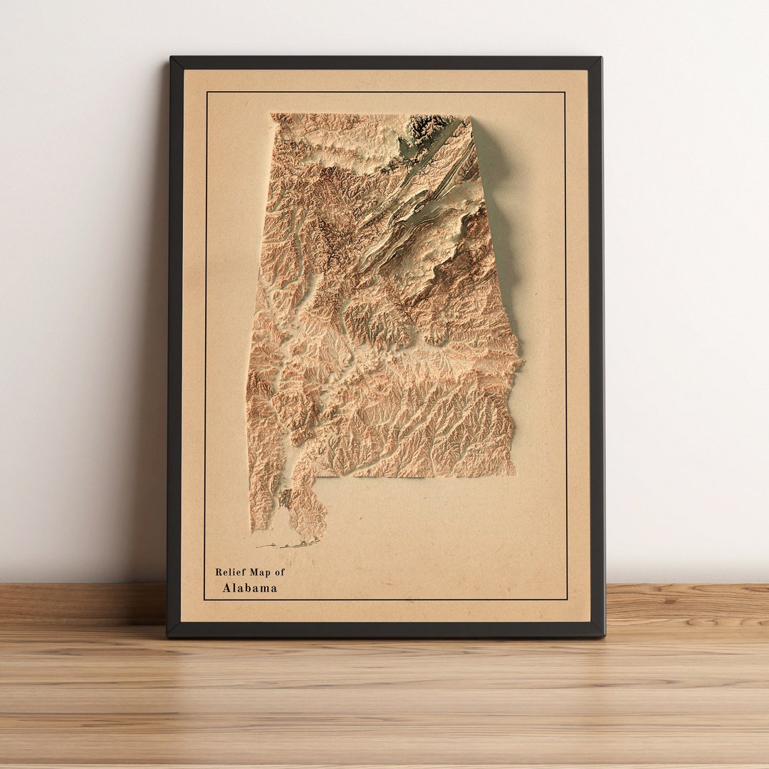 Alabama Map, Alabama 2D Relief Map, Alabama Minimalist Map, Alabama ...