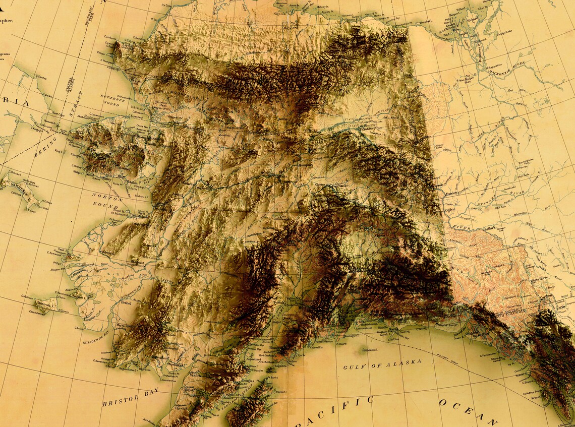 Alaska Map Alaska 2D Relief Map Alaska Historical Map - Etsy