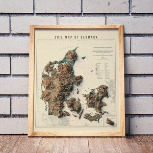 Denmark Map, Denmark 2D Relief Map, Denmark Vintage Map, Danmark Poster ...