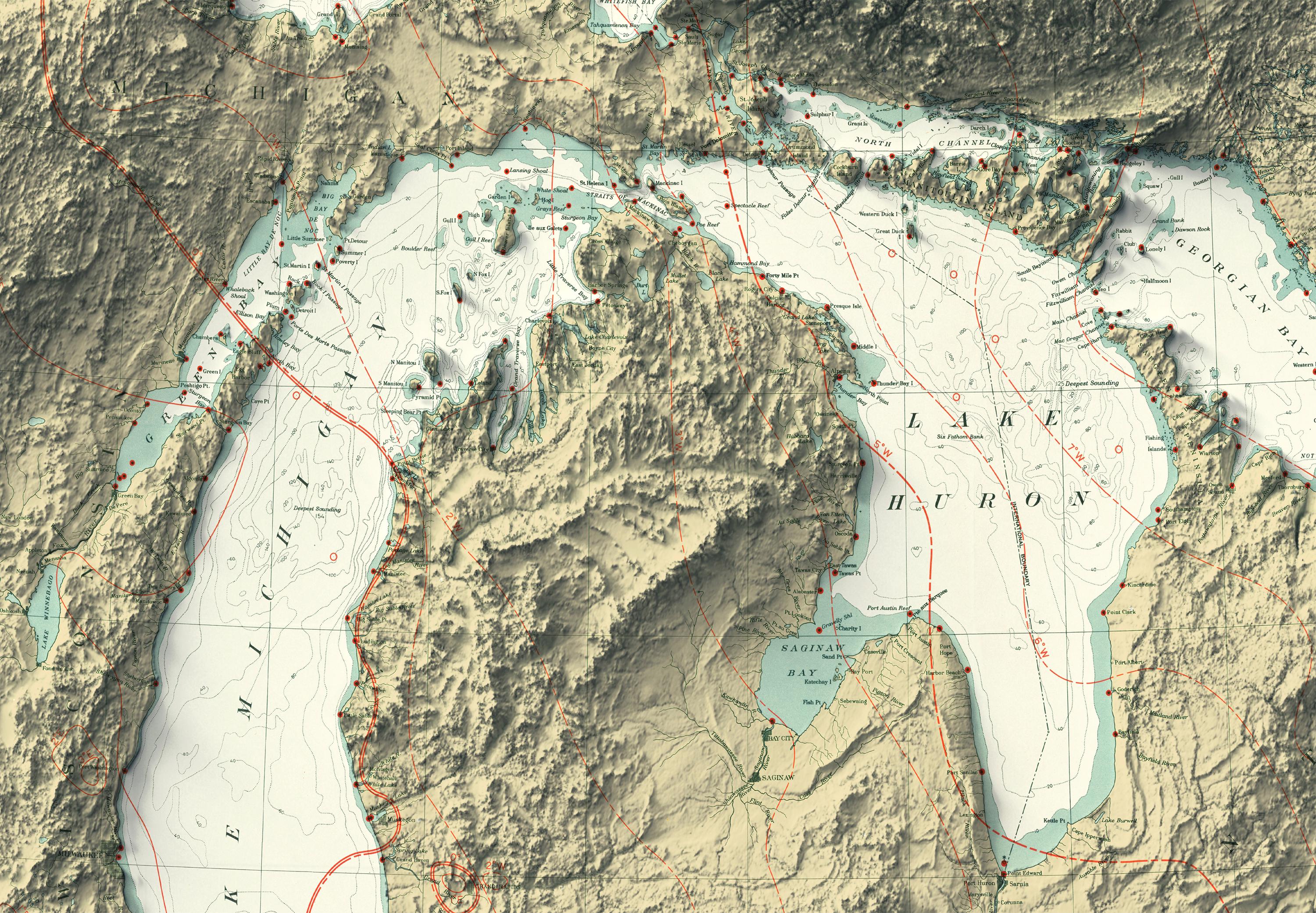 Great Lakes Map, Great Lakes (USA & Canada) 2D Relief Map, Great Lakes ...