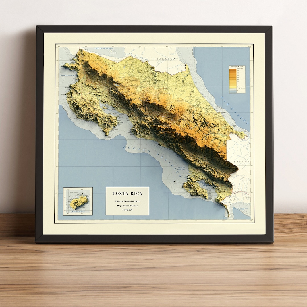Costa Rica Map, Costa Rica 2D Relief Map, Costa Rica Vintage Map, Costa ...