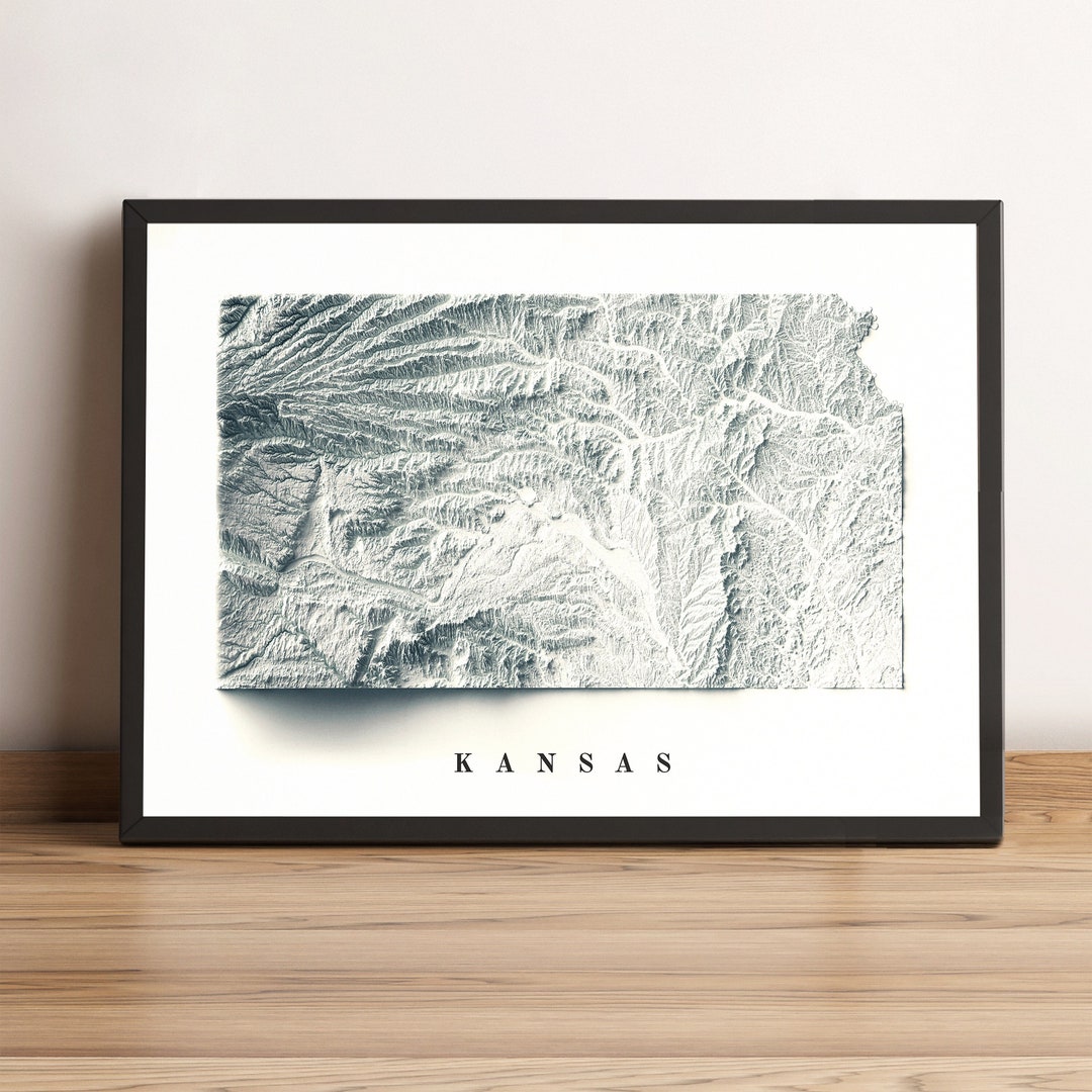 Kansas Map, Kansas 2D Relief Map, Kansas Vintage Map, Kansas Minimalist ...