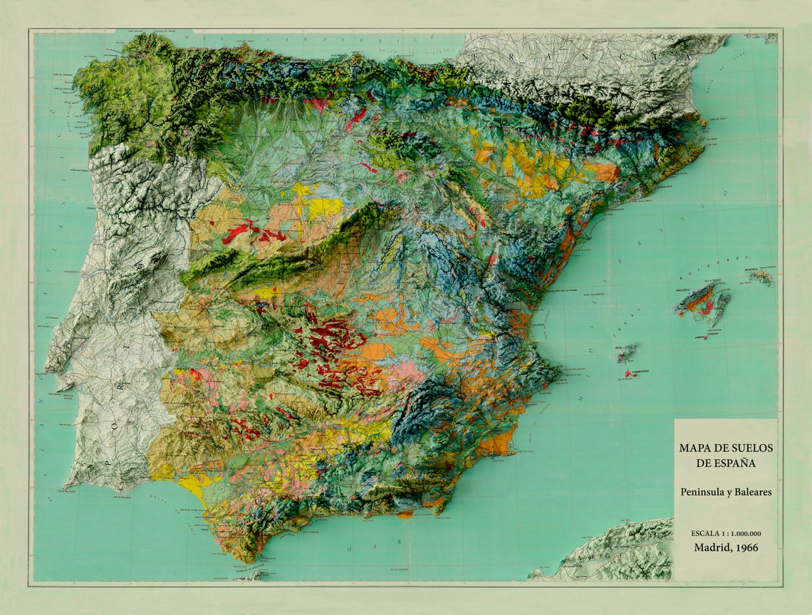 Spain Map Spain 2D Relief Map Spain Soil Map Spain Vintage - Etsy