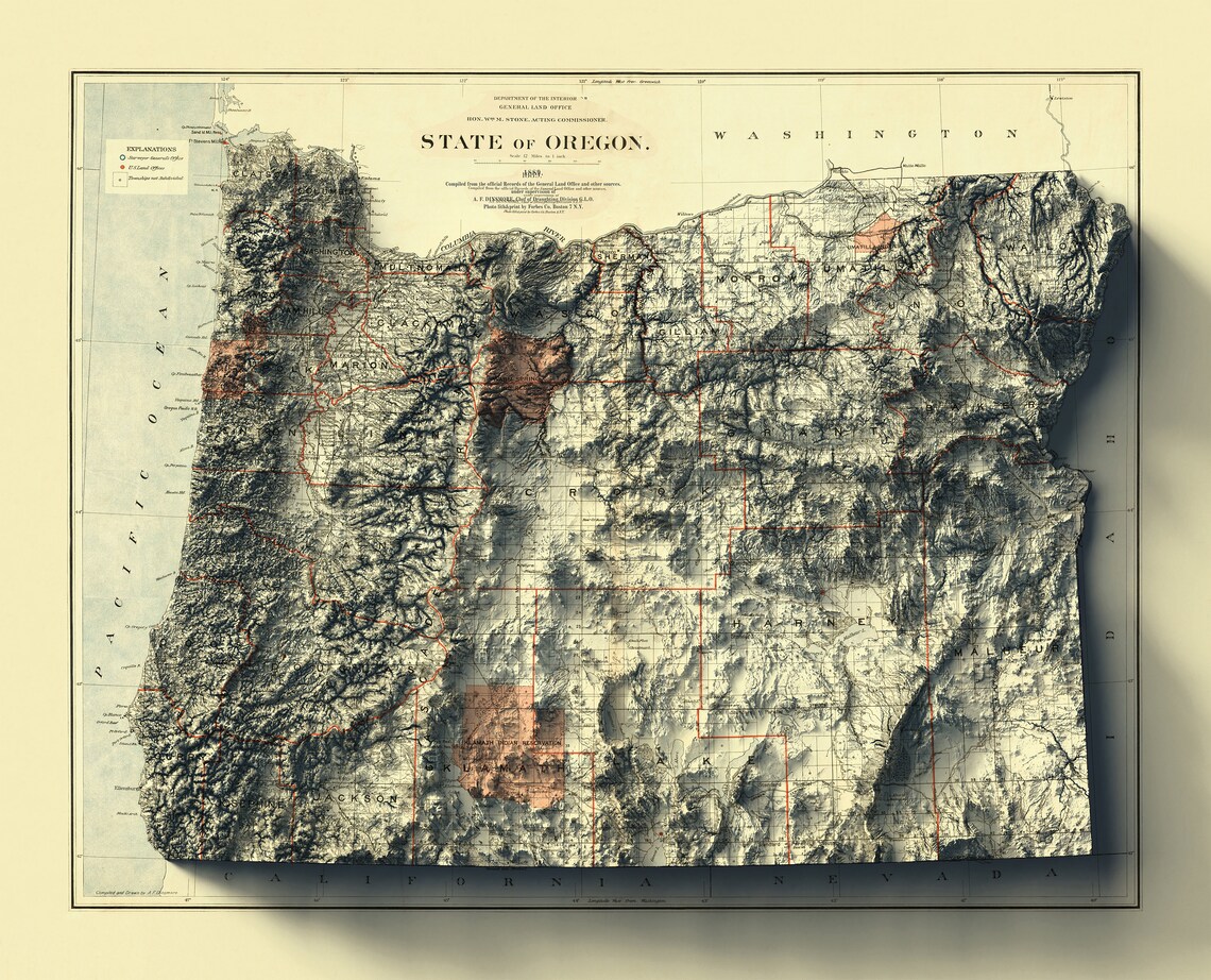 Oregon Map Oregon 2D Relief Map Oregon Vintage Map Oregon - Etsy