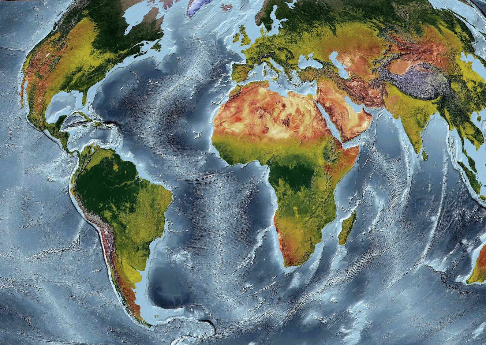 World Map, Aitoff Projection World Map, Vintage World Map, Relief World ...