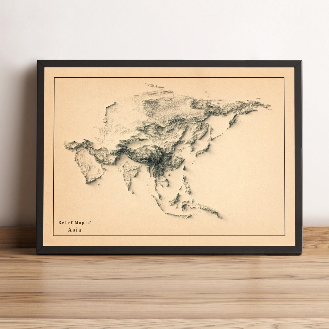 Asia Map, Asia 2D Relief Map, Asia Minimalist Poster Map, Asia Wall Art ...