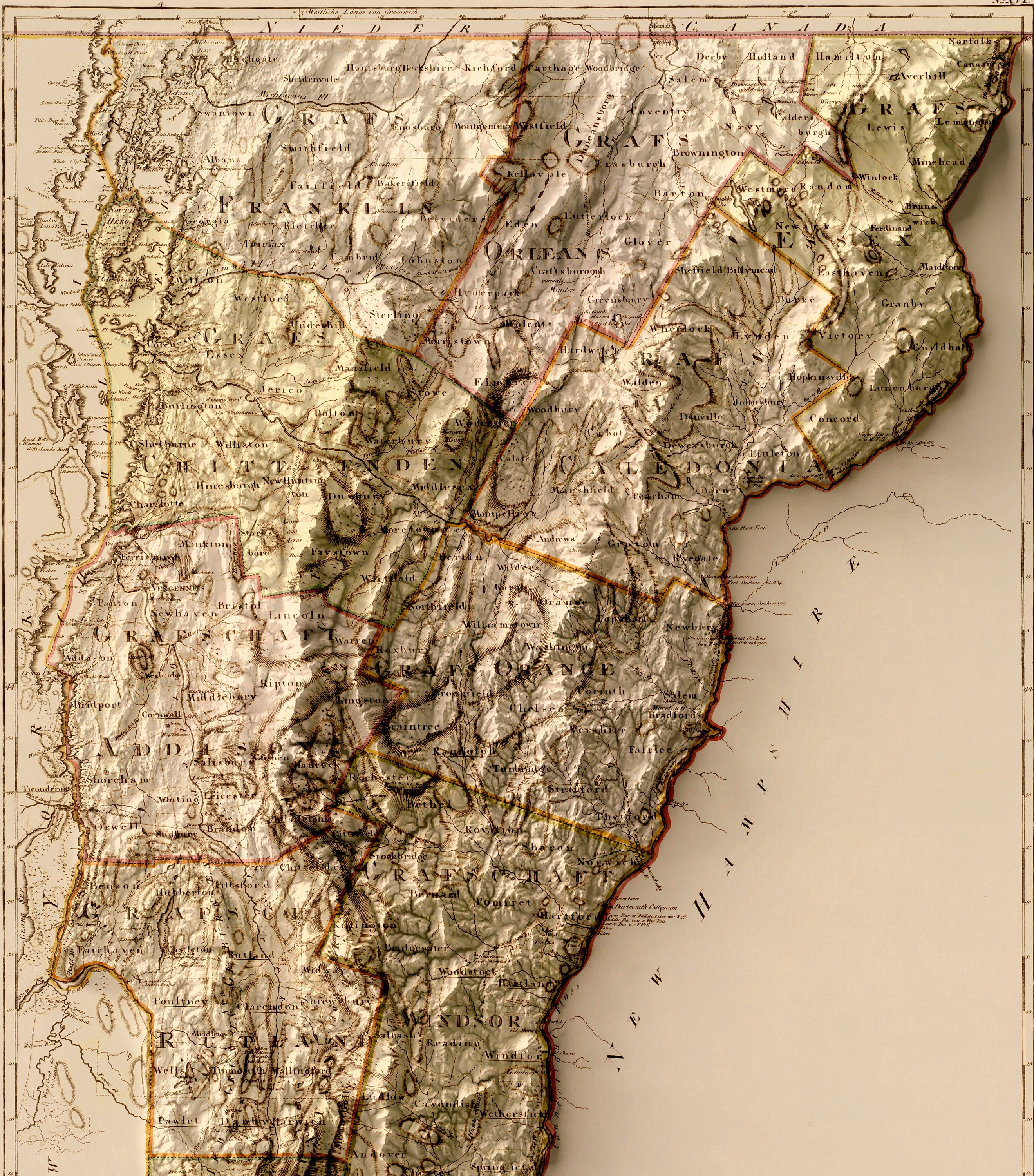 Vermont Map, Vermont 2D Relief Map, Vermont Vintage Map, Vermont Poster ...