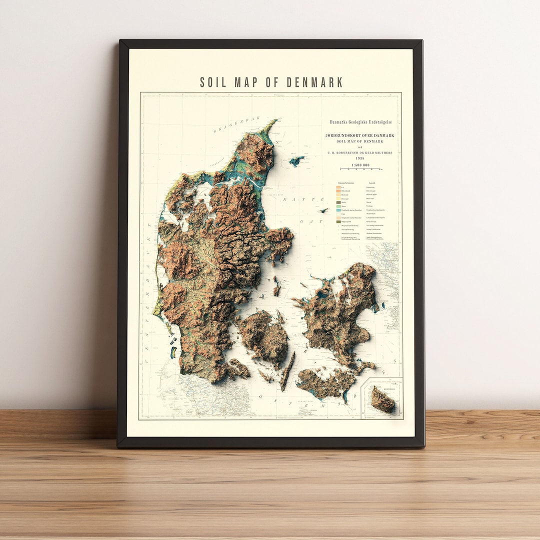 Denmark Map, Denmark 2D Relief Map, Denmark Vintage Map, Danmark Poster ...
