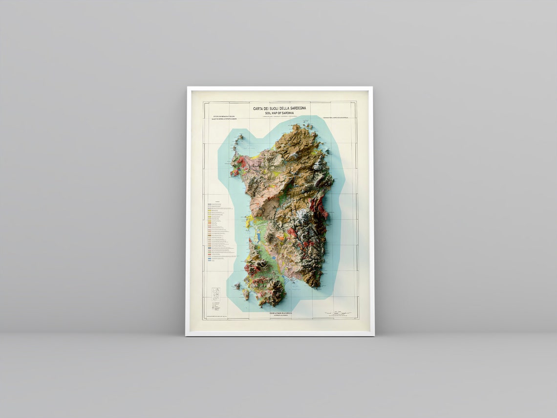 Sardinia Map, Sardegna Map, Sardinia 2D Relief Map, Sardinia Vintage ...