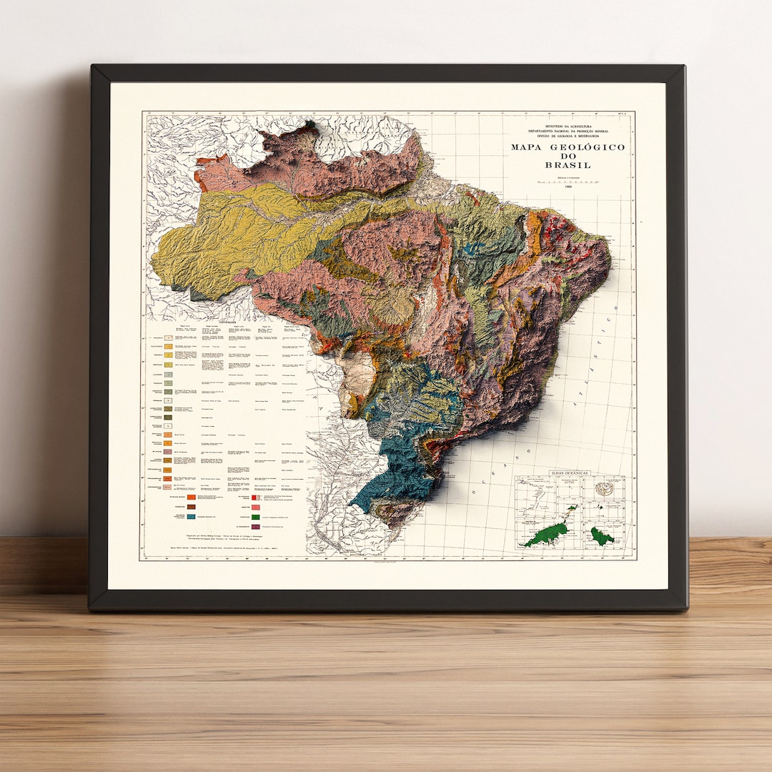 Brazil Map, Brazil 2D Relief Map, Brazil Poster Print, Brazil Vintage ...