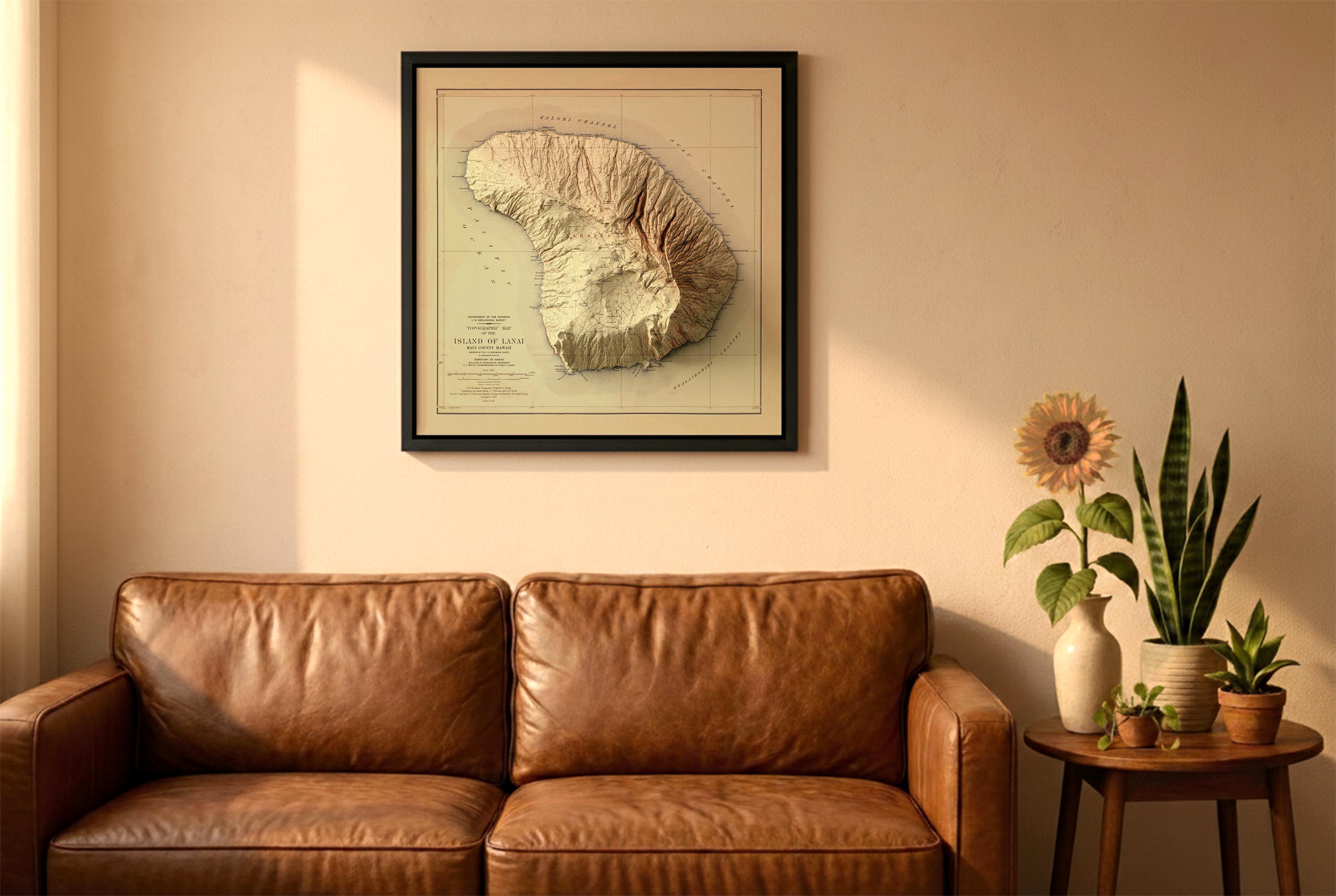 Lanai Island Map, Hawaii Map, Lanai 2D Relief Map, Lanai Vintage Old ...