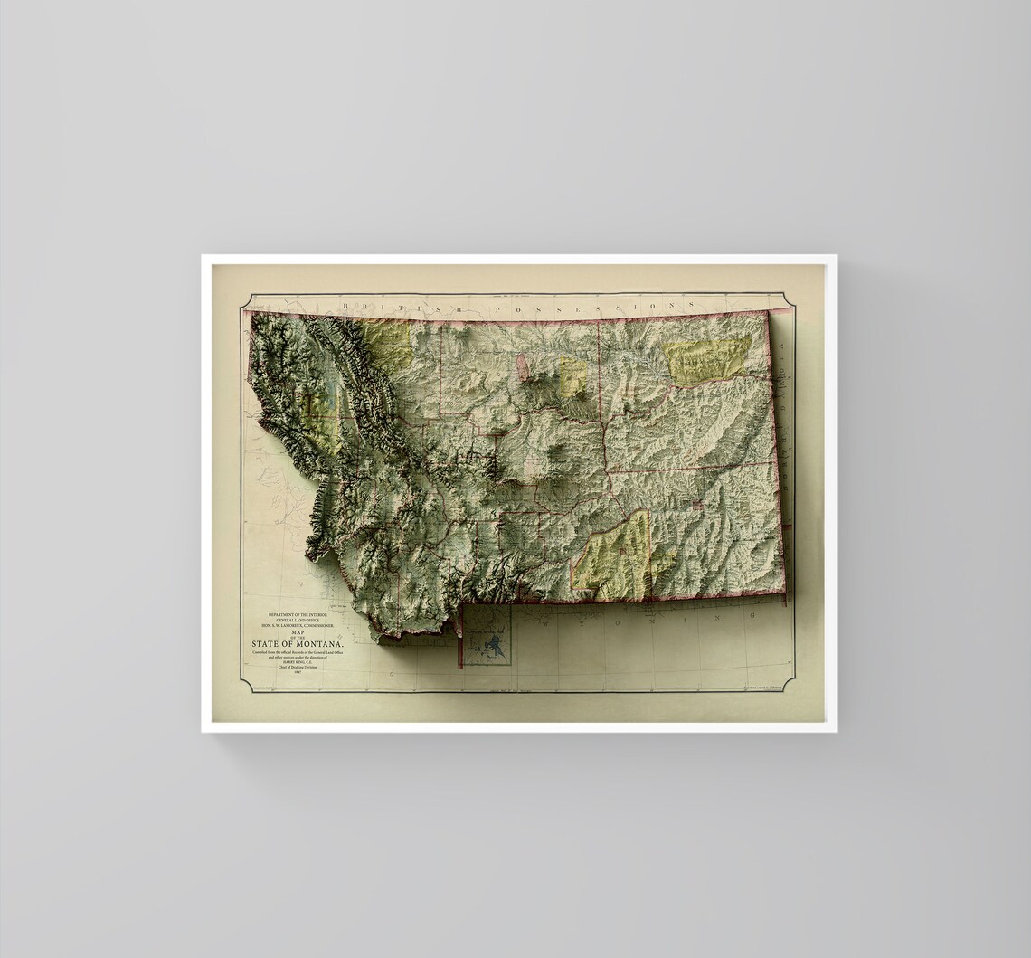 Montana Map Montana 2D Relief Map Montana Topo Map Montana - Etsy
