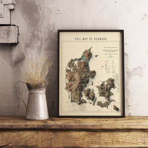 Denmark Map, Denmark 2D Relief Map, Denmark Vintage Map, Danmark Poster ...