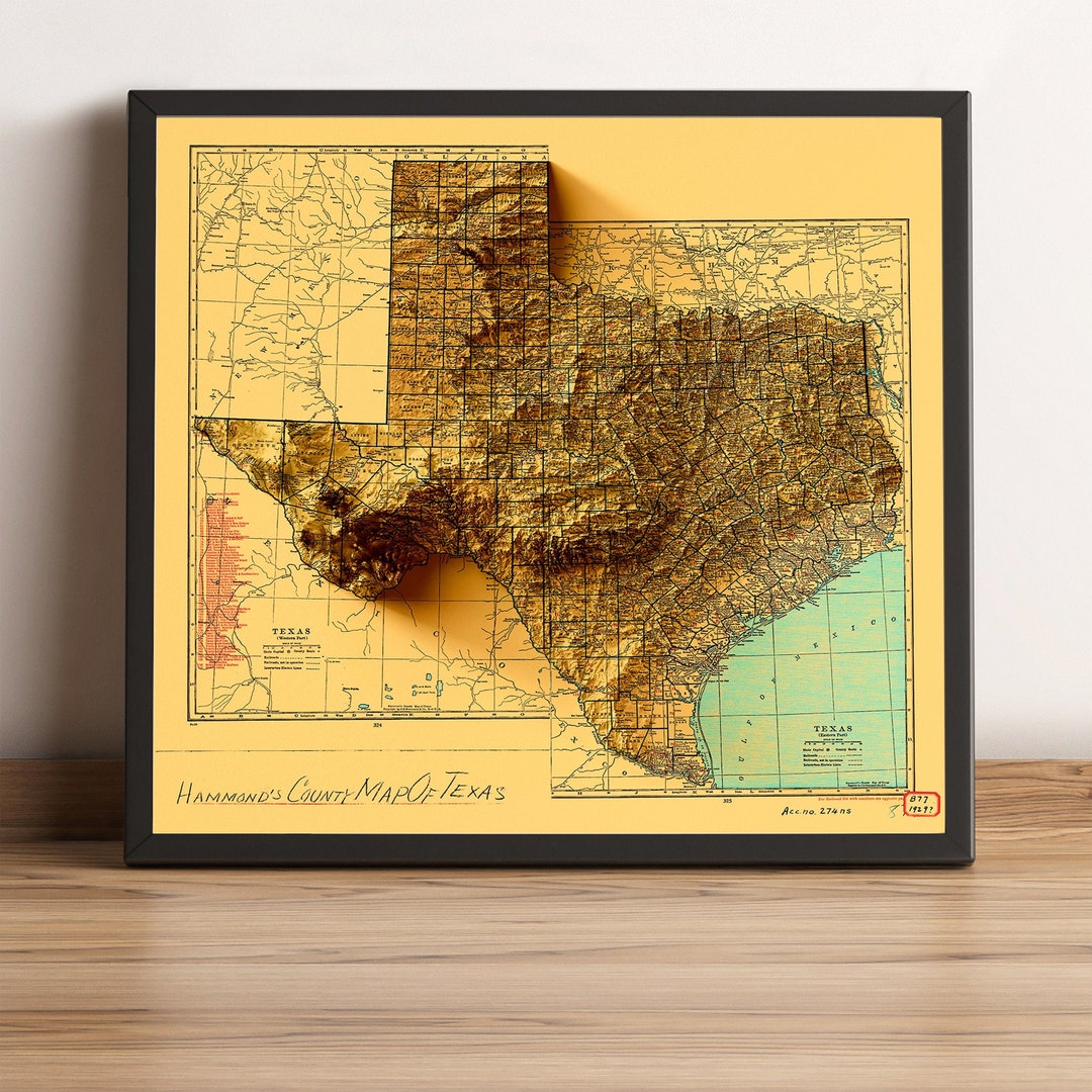 Texas Map, Texas 2D Relief Map, Texas Old Map, Texas Vintage Map, Texas ...