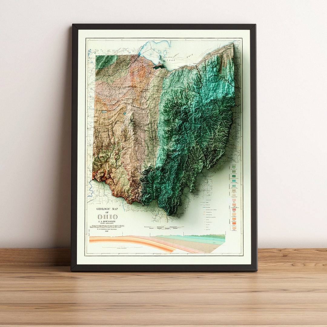 Ohio Map, Ohio 2D Relief Map, Ohio Vintage Map, Ohio Print, Ohio Wall ...