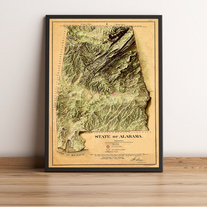 Alabama Map Alabama 2D Relief Map Alabama Historical Map - Etsy